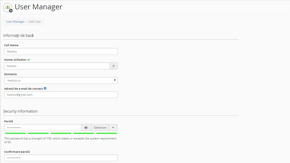 User manager, adding a user with access to email and FTP in the cPanel ...