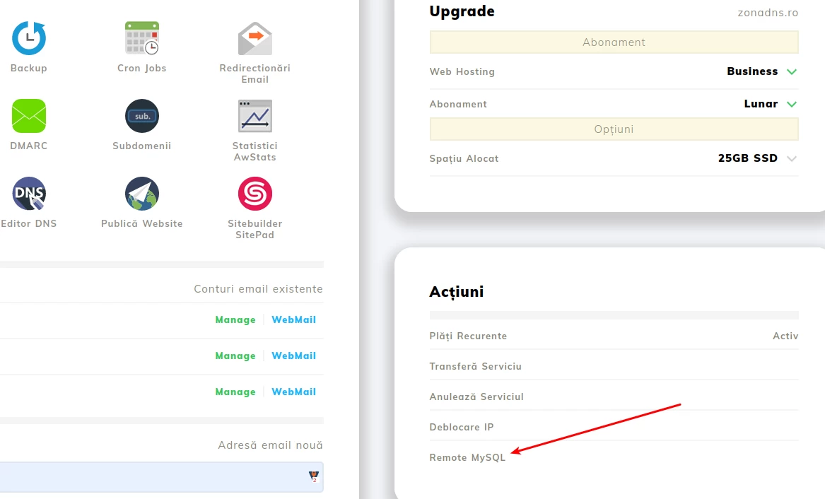 Remote MySQL activation from the Hostico client account. | Hostico