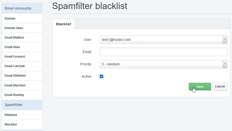 Adding an email address to the spamfilter blacklist in the ISPConfig control panel. | Hostico